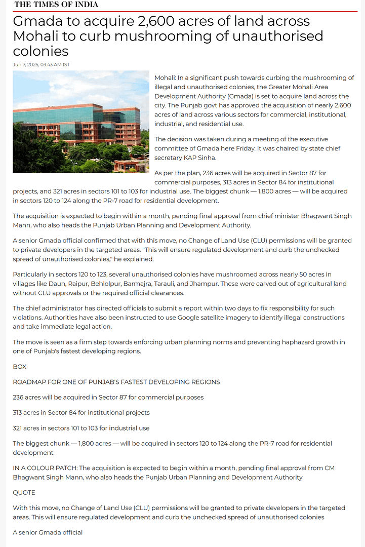 GMADA to Buy 2,600 Acres in Mohali to Stem Growth of Unauthorised ...